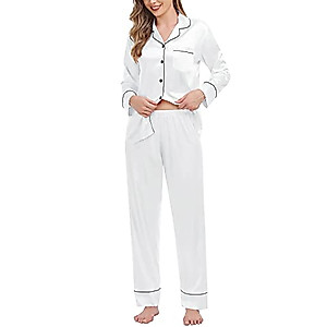 SWOMOG Womens Silk Satin Pajamas Set Long Sleeve Loungewear 2 Pieces Sleepwear Button-Down Pj Set White