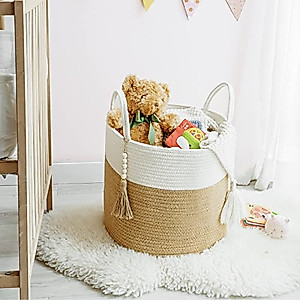 Mkono Woven Storage Basket Decorative Natural Rope Basket Wooden Bead Decoration for Blankets,Toys,Clothes,Shoes,Plant Organizer Bin with Handles Living Room Home Decor, 16"x13",White and Yellow