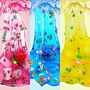 Keemanman Slime Kit - 3 Pack Jelly Cube Clear Crunchy Slime with Stitch, Watermelon and Pineapple Charms, Preppy and Aesthetic Stuff, Cute Stress Toys and Cool Birthday Gifts Ideas for Girls and Boys