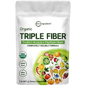 Organic Soluble Prebiotics Fiber Supplement (Inulin, Acacia, Psyllium Husk), 2 Pounds, 3 in 1 Fiber Formula, Daily Fiber, Unflavored, for Digestive Health, Hunger Control, Vegan