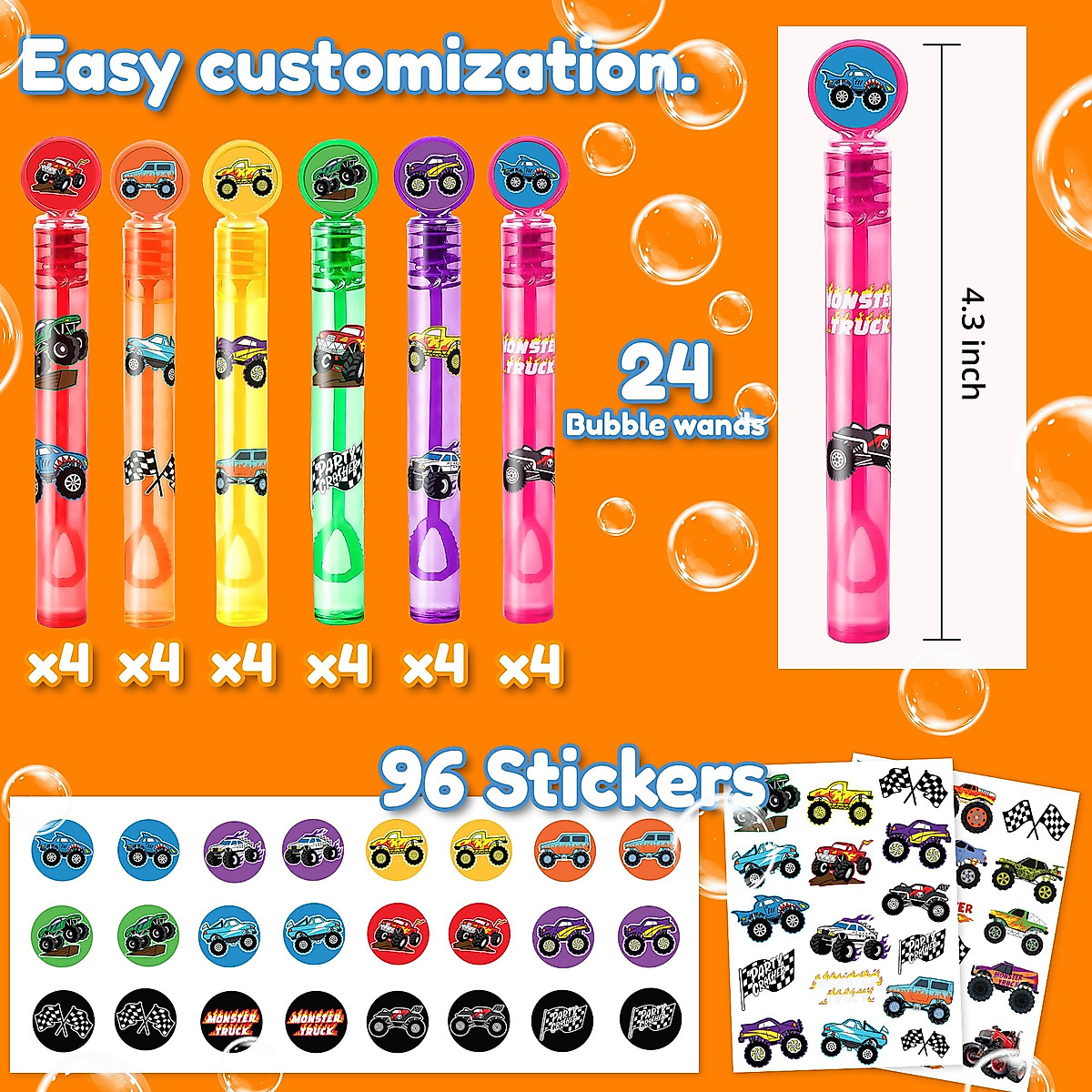 24PCS Monster Truck DIY Bubble Wands Party Favors 96PCS Stickers for Goodie Bag Fillers Pinata Stuffers, Mini Bubble Bulk Birthday Party Supplies Toys Gifts Class Prizes Toddlers Boys Girls