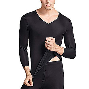 Grenasasilk Men's Silk Long Johns Mulberry Silk Long Underwear V-Neck Breathable Thermal Underwear Sets & Undergarments (XL, Black)