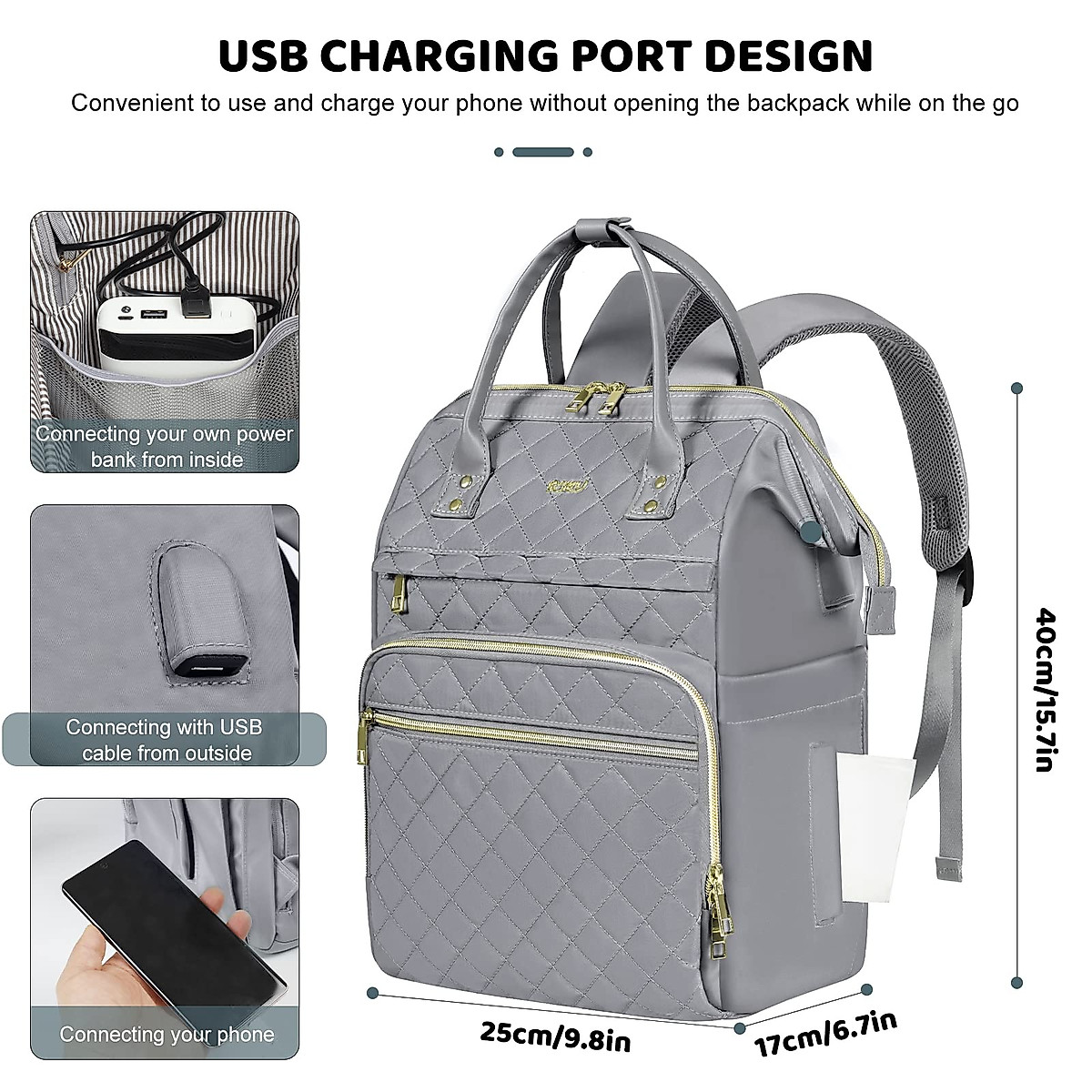 RJEU Women Backpack,Work Computer Bag for Nurse Teacher with USB Charger,Girls High School Backpack Cute Laptop Tote Backpack for Travel Office,Grey