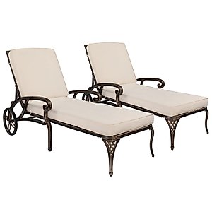 VINGLI Cast Aluminum Outdoor Chaise Lounge Chairs with Wheels, Patio Chaise Lounge with 3-Position Adjustable Backrest, Patio Lounge Chairs Set of 2 for Pool, Patio (2 PCS, Bronze, with Cushion)