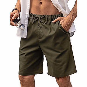 COOFANDY Men Linen Classic Fit Short Lightweight Drawstring Short with Pockets Army Green