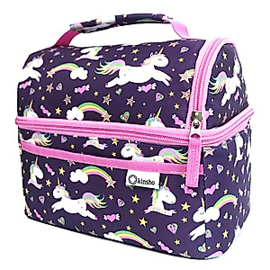 kinsho Unicorn Toddler Lunch Box for Girls Kids, Insulated Bag for Baby Girl Daycare Pre-School Kindergarten, Container Boxes for Small Kid Snacks Lunches, 2 Compartments, Unicornio Purple