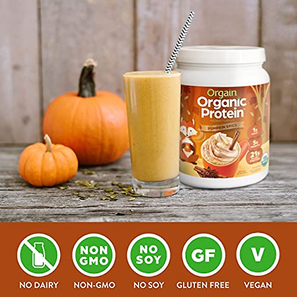 Orgain Organic Vegan Protein Powder, Pumpkin Spice - 21g of Plant Based Protein, Non Dairy, Gluten Free, 1g of Sugar, Soy Free, Kosher, Non-GMO, 1.02 Lb (Packaging May Vary)