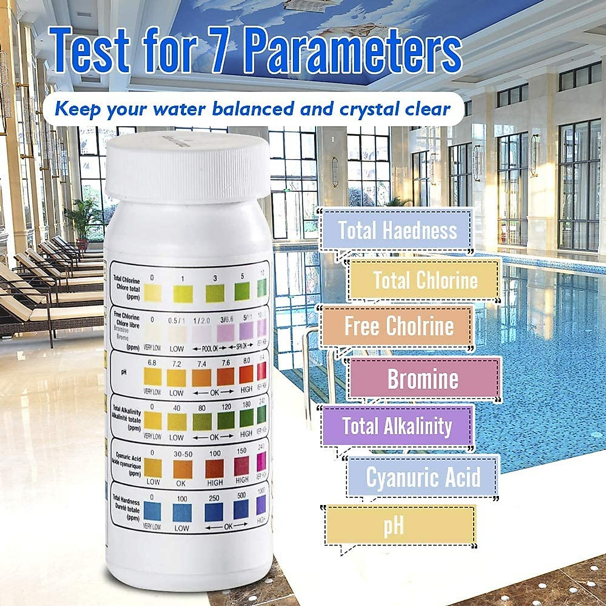 SuperCheck 6-Way Spa Test Strips for Hot Tub, 7 Parameters, 50 Count, Hot Tub Test Strips for Chlorine, Bromine, pH, Alkalinity, Cyanuric Acid and Hardness Levels in Pool and Spa, Test Kit for Pools