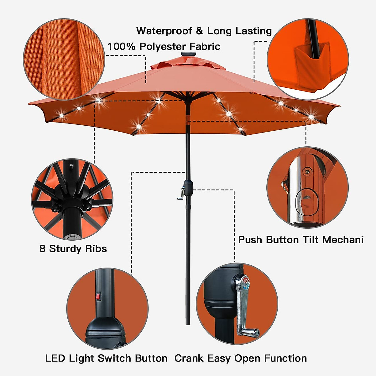 Sunnyglade 9' Solar LED Lighted Patio Umbrella with 8 Ribs/Tilt Adjustment and Crank Lift System (Orange)