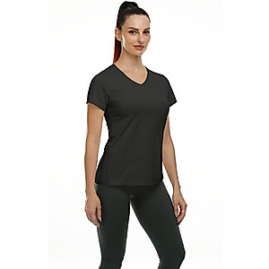 icyzone Workout Shirts Yoga Tops Activewear V-Neck T-Shirts for Women Running Fitness Sports Short Sleeve Tees (Black/Cream White/Brick, XL)