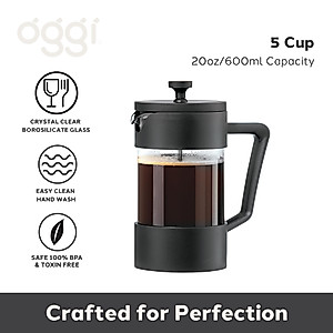 Oggi Borosilicate Glass French Press Coffee Maker (20oz)- 5 Cup Capacity, Coffee Press, Single Serve Coffee Maker, Stainless Steel Lid & Plunger, Make Great Coffee Gifts