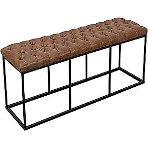 HomePop Faux Leather Button Tufted Decorative Bench with Metal Base, Brown