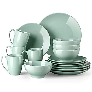LOVECASA Dinnerware Sets for 4, 16-Piece Green Dishes Set, Porcelain Plates and Bowls Sets with Dinner Plates, Dessert Plates, Bowls and Mugs, Microwave Dishwasher Safe, Light Green