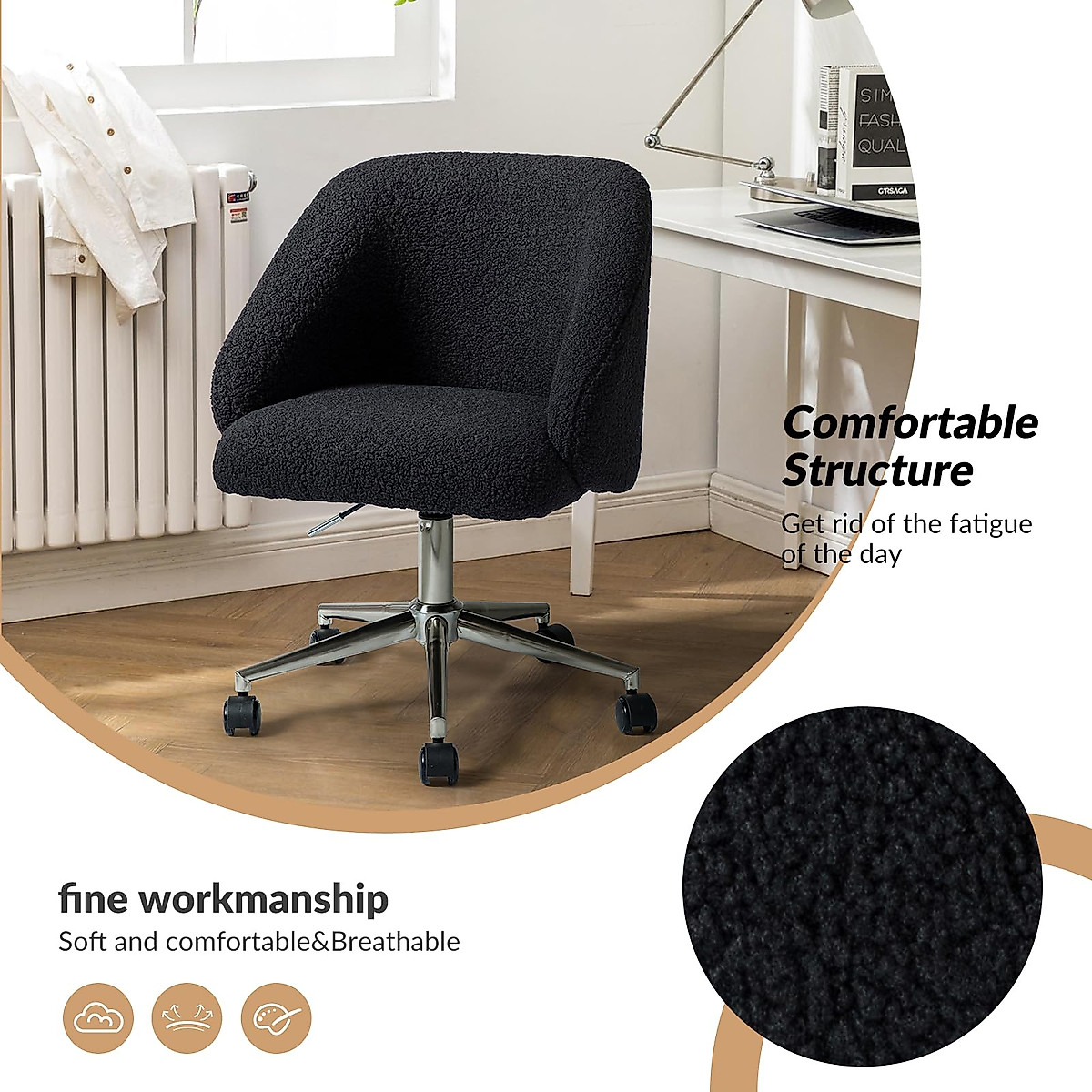 HULALA HOME Sherpa Home Office Desk Chair, Comfy Upholstered Adjustable Height Task Chair, Lamb Fleece Vanity Chair for Bedroom, Study Room, Black