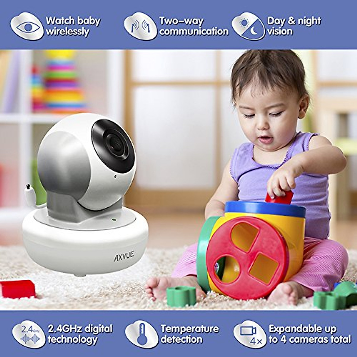 Video Baby Monitor with Remote-Controlled Camera and Wide Screen by Axvue, Grey, Model E650