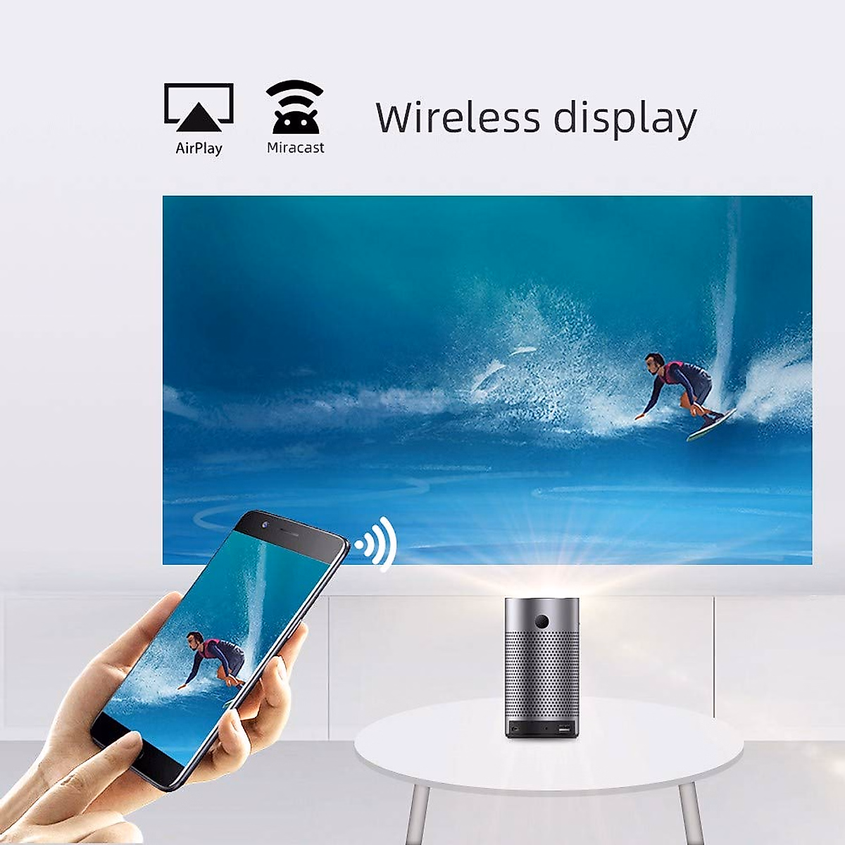 ANXONIT Mini Projector,Smart DLP Pocket Portable Projector,100 ANSI Lumens,Rechargeable Battery,360° HiFi Speaker,Android 8.1,Bluetooth,WiFi,for iPhone iPad,Home Theater Outdoor Movies (Silver)