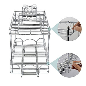 OCG 2 Tier Pull Out Cabinet Organizer for Lid Cookware (11" W x 18" D), Slide Out Kitchen Cabinet Shelves, 2 in 1, Chrome Finish