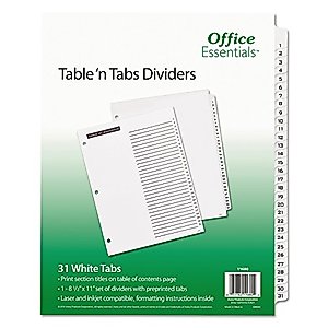 Office Essentials 11680 Table 'n Tabs Dividers, 31-Tab, Letter - White