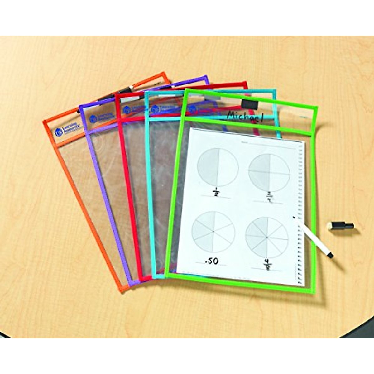Learning Resources Write and Wipe Pockets, 5 Colorful Classroom Dry Erase Pockets, Ages 3+