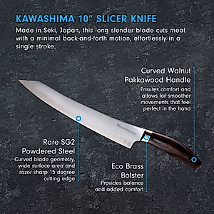 Messermeister Kawashima 10” Slicer Knife - SG2 Powdered Steel, Eco-Brass Bolster & Walnut Pakkawood Handle - Made in Seki, Japan