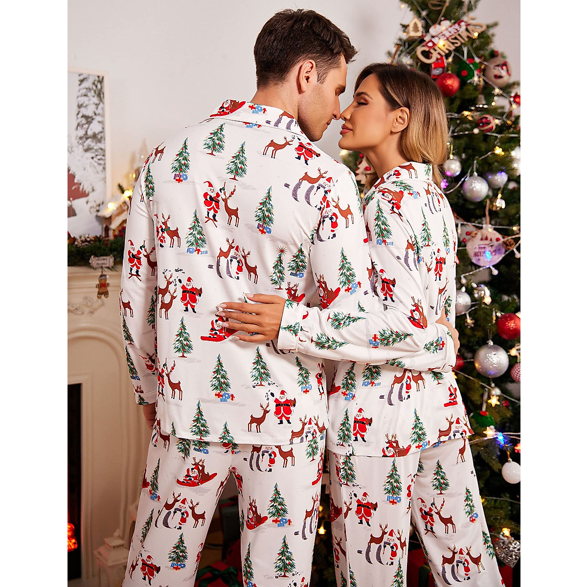 Ekouaer Christmas Family Matching Pajamas Long Sleeve Button Down Pj Set Festival Party Sleepwear,White Pattern,Women,L