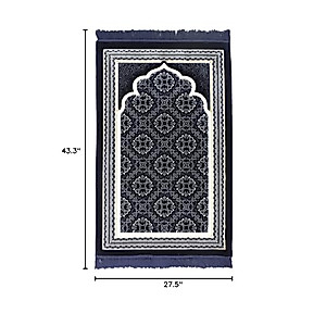 Modefa Turkish Islamic Prayer Rug - Soft Velvet Janamaz Praying Carpet - Comfortable Muslim Praying Mat for Men & Women - Ramadan or Eid Gift - with Kufi Prayer Cap - Elegant Swirl (Dark Blue)