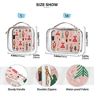 Pink Tree Nutcrackers 2 Pieces Clear Makeup Cosmetic Toiletry Bags for Women PVC Waterproof Portable Travel Storage Carry Pouch with Gold Zippers Organizer Case for Vacation Organizing Traveling
