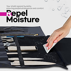 Knife Roll, Durable Waxed Canvas Chef Bag - 16 Total Slots for Knives & Kitchen Tools, A Large Zipper Pocket for Cutlery, Blades Case, Portable Pouch with an Adjustable Shoulder Strap