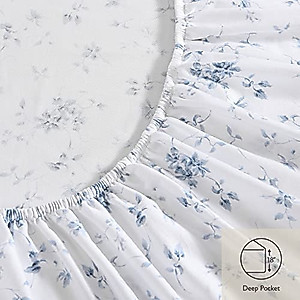 Laura Ashley Home - King Sheets, Soft Sateen Cotton Bedding Set - Sleek, Smooth, & Breathable Home Decor, Garden Muse Blue