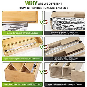 Soligt 2 in 1 Foil and Plastic Wrap Organizer | Aluminum Foil Dispenser with Serrated Edge | Plastic Wrap Dispenser with Cutter | Bamboo Kitchen Drawer Organizer Fit Parchment, Wax Paper