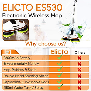 ELICTO ES530 - Electronic Dual Spin Mop and Polisher - Water Spray - Adjustable Height - LED - Reusable Microfiber Pads - All Hard Surfaces - New IMPROVEMENTS 2022