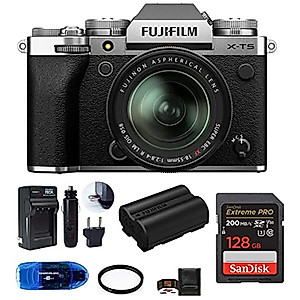 Fujifilm X-T5 Mirrorless Digital Camera with XF 18-55mm f/2.8-4 R LM OIS Lens Bundle, Includes: SanDisk 128GB Extreme PRO SDXC Memory Card, Spare Fujifilm NP-W235 Battery + More (7 Items) (Silver)