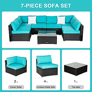 Kinfant Outdoor Patio Furniture Sofa - Sectional Patio Couch Rattan Wicker Sofa Set with Glass Tabel and Corner Seat for Poolside Garden Backyard (7 pcs, Turquoise)