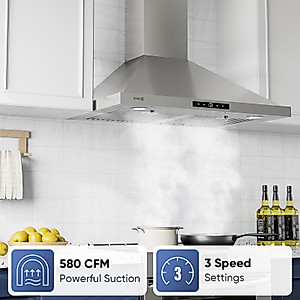 VIKIO HOME Wall Mount Range Hood 30 inch, 580 CFM, Ducted/Ductless Convertible, Stainless Steel Kitchen Vent Hood with 3-Speed Fan and LED Lights