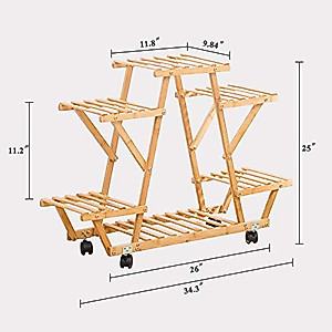 Bamboo Rolling 6 Tier Plant Stand Rack Multiple Flower Pot Holder Shelf Indoor Outdoor Planter Display shelving unit for Patio Garden Corner Balcony Living Room