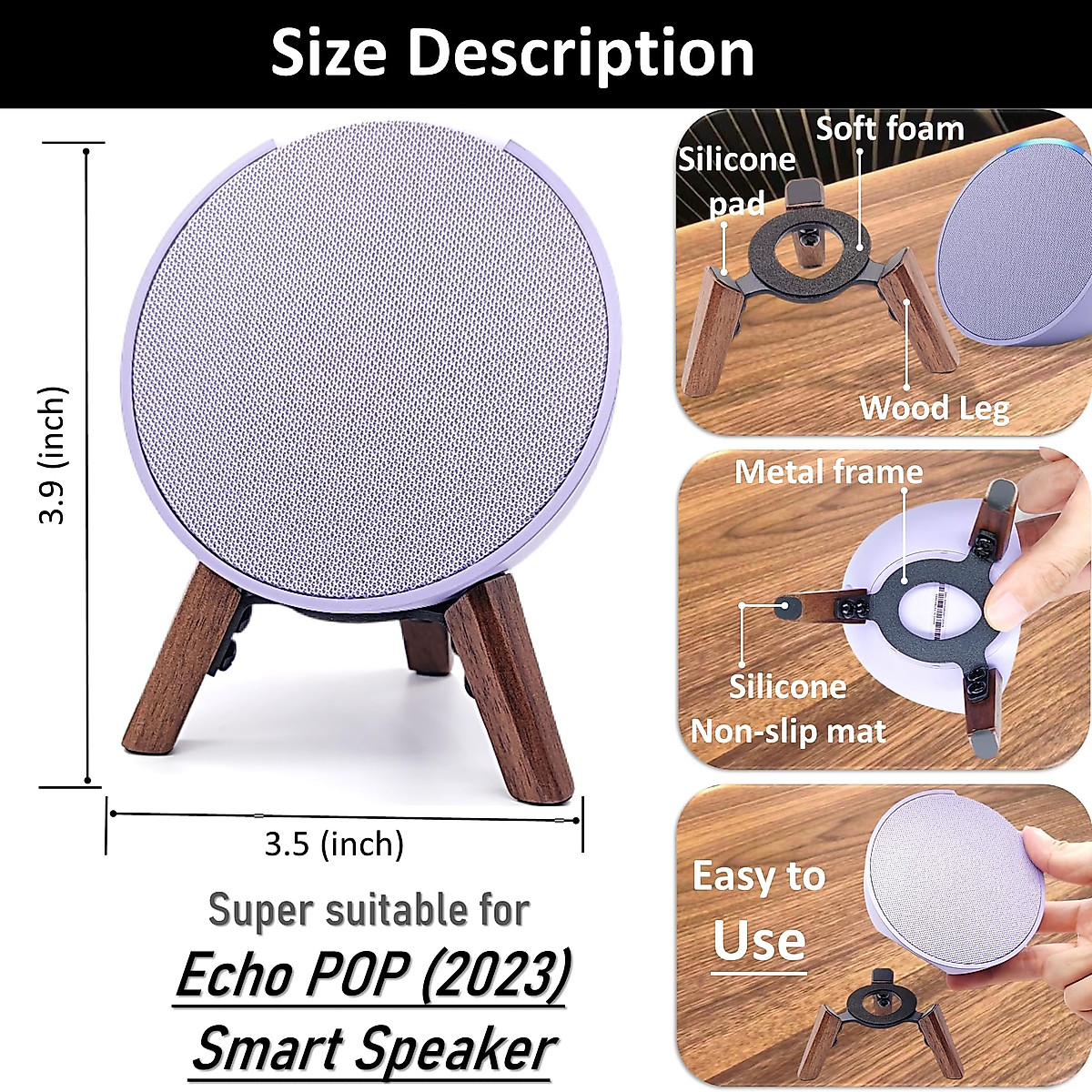 Real Wood Stand for Echo Pop Speaker (Newest Model),Tripod Accessories Holder for Better Sound,Secure Sturdy Wooden Table Mount for Alexa Pop (Walnut)