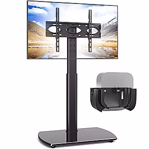 Rfiver Swivel TV Floor Stand with Mount for Apple TV/Roku Ultra, Universal for 32-65 Inch LCD LED Flat Screen, Height Adjustable TV Mount Stand with Shelf, Space Saving Corner TV Stand for Home Office