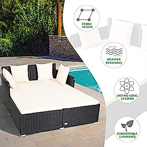 Tangkula Outdoor Rattan Daybed, Sunbed Wicker Furniture w/Spacious Seat, Upholstered Cushion & High-Resilience Sponge, Wicker Patio Sofa Set w/Extra Pillows for Courtyard Poolside(White)