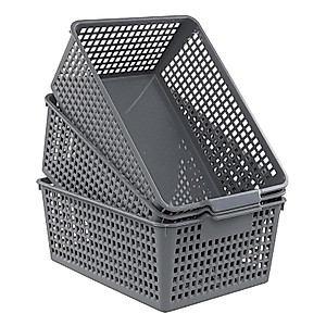 Ramddy 3-Pack Grey Storage Baskets, Large Plastic Organizer Baskets