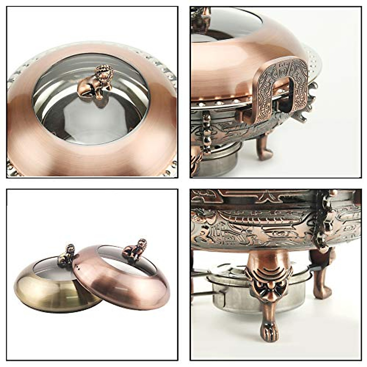 Adima 3L Stainless Steel Chafing Dish Round Chafer Buffet Warmers W/Food Pans, Aluminum Stand, Visible Pot Lid And Fuel Holders for Weddings Parties,Red copper