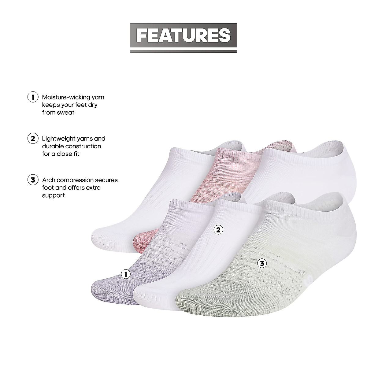 adidas Women's Superlite Badge of Sport (6-pair) No Show Sock, White/Linen Green/Silver Green, Medium US