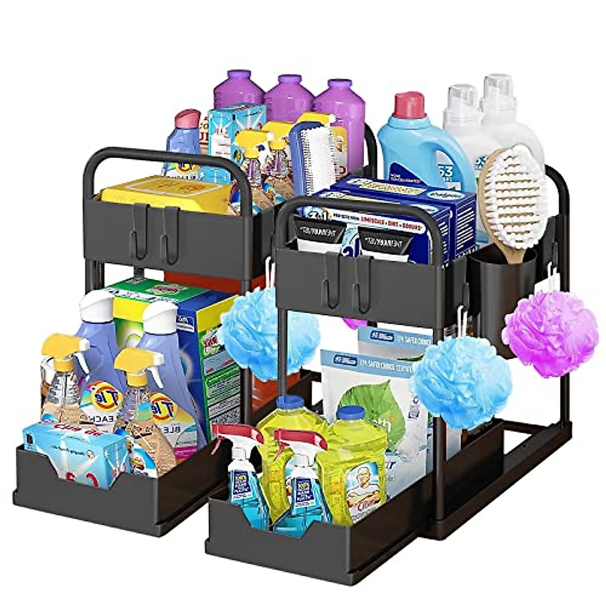 2 Tier Under Sink Organizers and Storage, 2 Pack Sliding Under Bathroom Cabinet Storage Drawer Organizer with Storage Drawer with 8 Hooks and 2 Hanging Cups, Multi-purpose Under Sink Organizer, Black