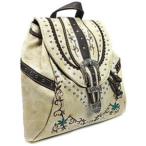 Zelris Western Women Buckle Drawstring Conceal Carry Mini Backpack Rucksack with Floral Embroidery (Beige)