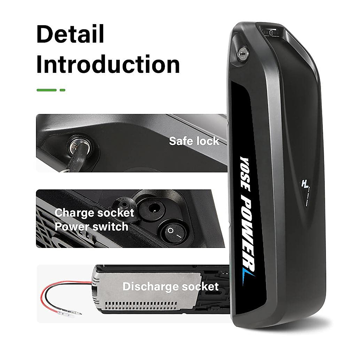 Yose Power Ebike Battery 36V 13Ah Down Tube Battery for 100W-700W Motor with Power Switch, Electric Bicycle Lithium-Ion Battery, Safe Lock, Led Indicator Light, with Base and Charger