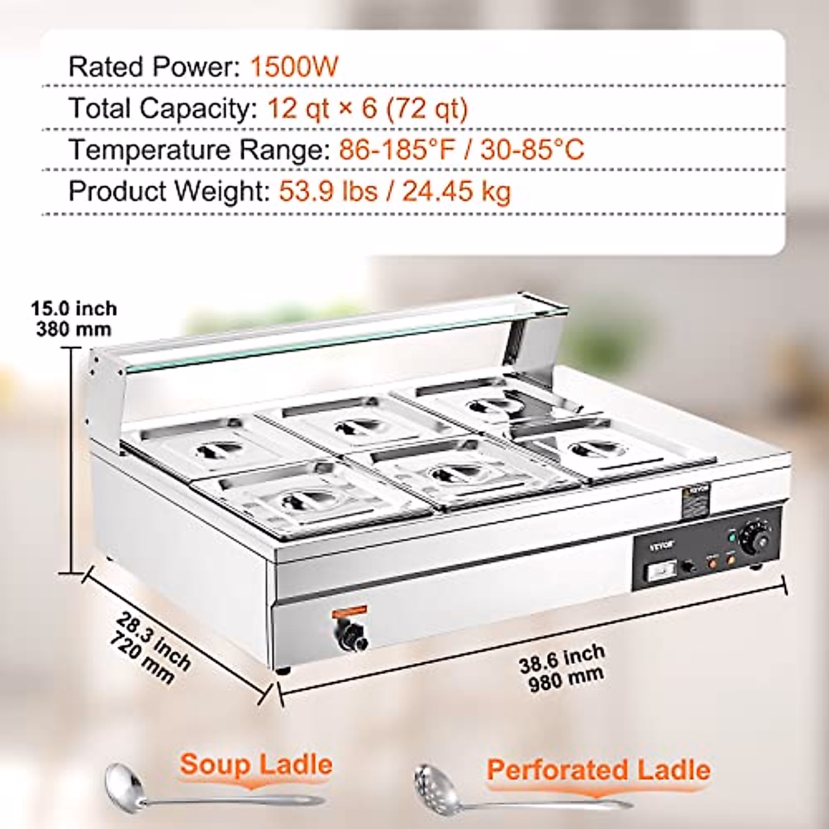 VEVOR 6-Pan Commercial Food Warmer, 6 x 12QT Electric Steam Table with Tempered Glass Cover, 1500W Countertop Stainless Steel Buffet Bain Marie 86-185°F Temp Control for Catering, Restaurants, Silver