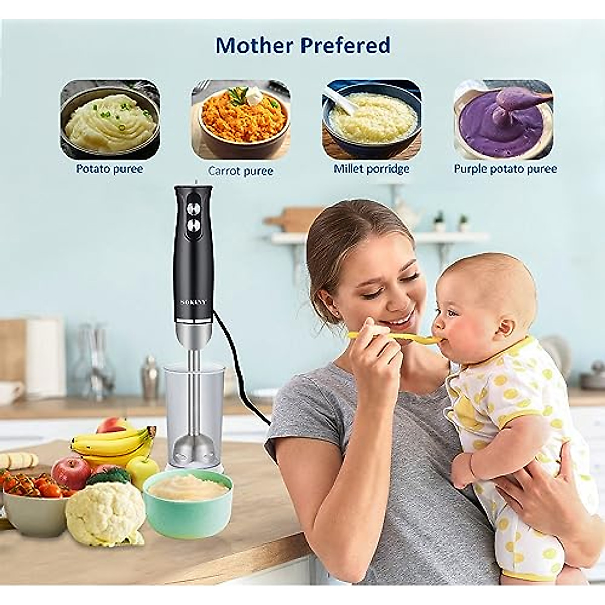 4 in1 Immersion Blender Handheld 304 Stainless Steel Blades, 5 Speed & 3-Angle Adjustable Chopper Beaker Whisk and Beater for Milkshakes Smoothies Soup Baby Food