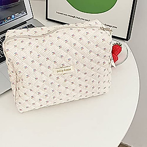 Lushandy Kawaii Floral Makeup Bag Coquette Aesthetic Cosmetic Bag Large Travel Makeup Organizer Cute Pouch Cotton Quilted Toiletry Bag
