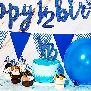 Half Birthday Decorations 6 Months Baby Boy Banner Cupcake Topper Pick 1/2 Half Year Cake Topper Triangle Flag Banner Confetti Balloons for Girl Boy Baby Shower (Dark Blue)