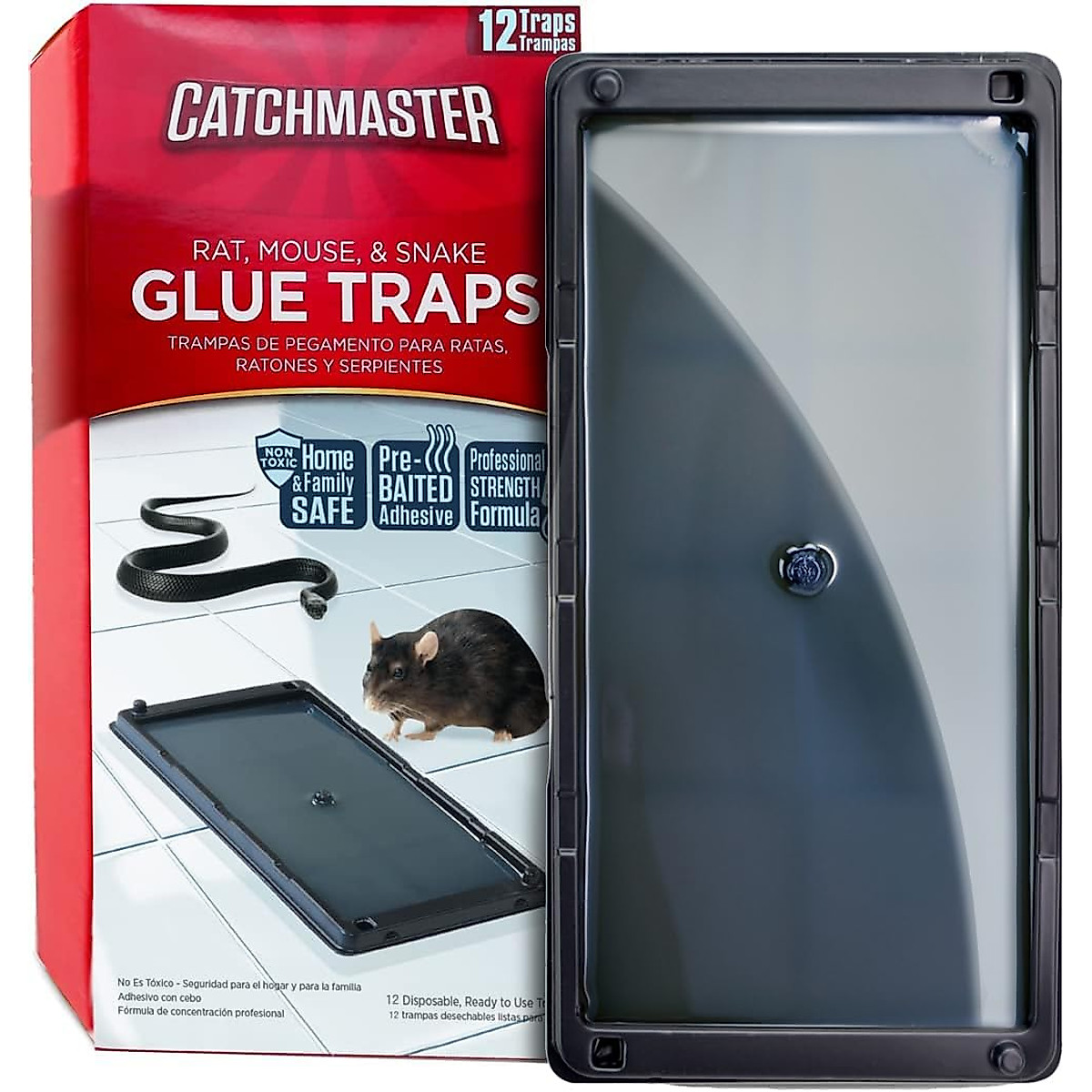 Catchmaster Rat, Snake and Mouse Traps 12Pk, Large Bulk Glue Rat Traps for Home, Pre-Scented Adhesive Plastic Tray for Inside House, Snake, Mice, & Spider Catcher, Pet Safe Pest Control