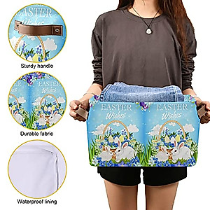 Foldable Storage Basket, Cube Organizer Bins Easter Egg Basket with Bunnies and Spring Flower Cube Bag Dual Handles for Closet Shelf